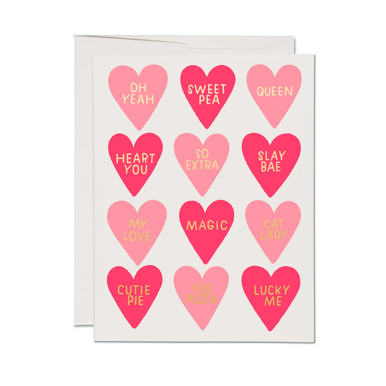 Conversation Hearts greeting card – Red Cap Cards